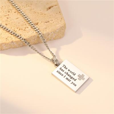 China Fashionable Stainless Steel Jewelry Necklace Engraved Letters Charm Stainless Steel Necklace Couple Gift Tag Cuban Chain for sale