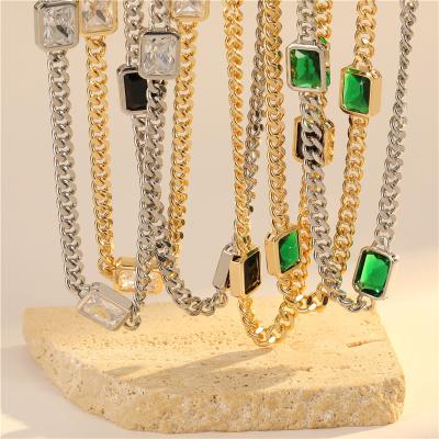 China High Quality Jewelry 14K Gold Plated Brass Men and Women Gold Plated Palladium Cuban Chain Green White Black Zircon Necklace for sale
