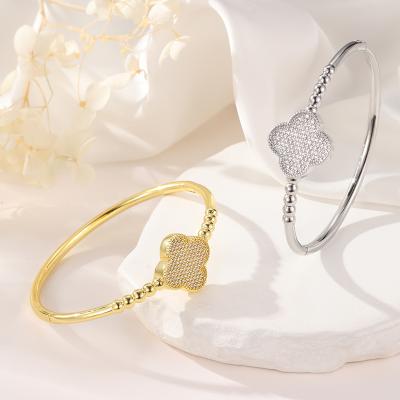China Brass Plated 14K Gold Palladium Sliver Can Be Opened Diamond Studded Clover Bangles Fashion Jewelry CZ Bracelet for sale