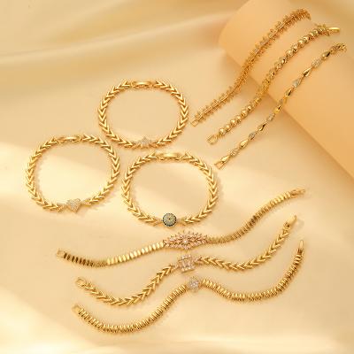 China 2025 Jewelry Accessories 14K Gold Plated Brass Zircon Eye Palladium Gold Geometric Ladies Toggle Clasp Link Chain Bracelet for sale
