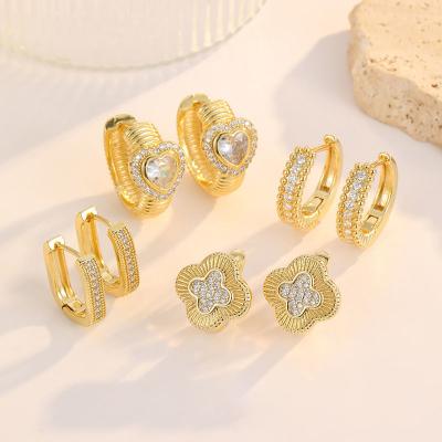 China New Arrival Full Rhinestone Heart Clover Hoop Earrings for Women 14K Gold Plated Fashion Jewelry Trendy Cross Huggie Earrings for sale