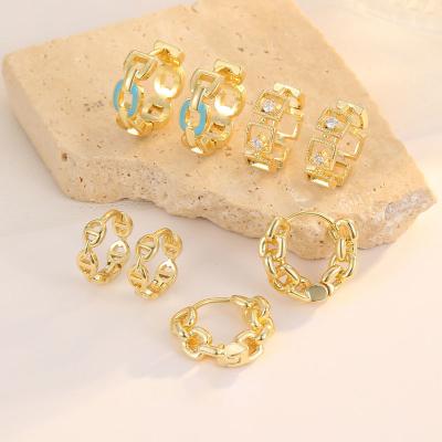 China Fashion Chain Link Geometric Huggie Earrings Brass Enamel 14K Gold Plated Hypoallergenic Hoop Earring for Women Daily Wear Gift for sale
