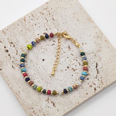 China Vintage Boho Style Multi Color Natural Gemstone Beaded Bracelet Brass 14K Gold Plated Adjustable Holiday Fashion Bracelet for sale