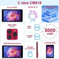 China C idea 8 inch Android 12 Tablet 8GB RAM 512GB ROM 8000mAh Battery 5+8MP Camera for Teens with SIM Support CM818-red for sale