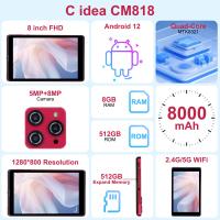China C idea 8 inch Android 12 Tablet 8GB RAM 512GB ROM 8000mAh Battery 5+8MP Camera for Student with SIM Support CM818-red for sale