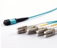 China Aqua MPO/MTP Harness Cable OM3 50/125um Pre - terminated MTP/MPO to LC Fiber optic Jumpers for sale