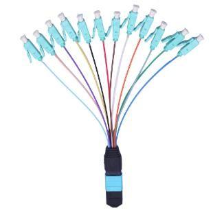 China 12 color 12 cores MPO to LC OM3 fanout fiber patch cord 0.9mm cables for sale