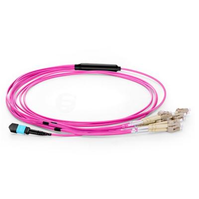 China Purple OM4 purple mpo mtp to LC fiber optic patch cord  Fanout 12 cores for sale