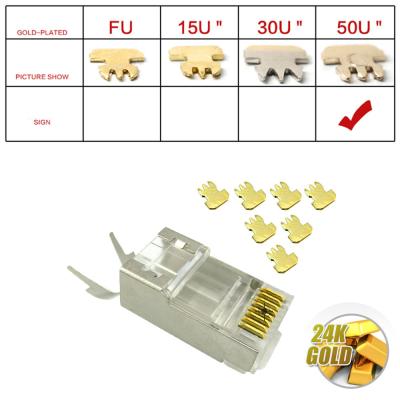 China RJ45 Cat7 Shielded Modular Plug 8P8C Two-Piece Design 50um Gold Plated Connector for sale