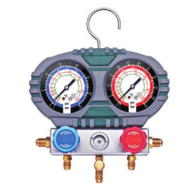 China Aluminum Alloy Double Manifold Gauge Set Valve for R410A R32 Refrigerant 1/4 SAE for sale