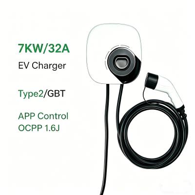 China 32A 7KW Adjustable Current EV Charging Station with LCD Screen and Type 2 Socket Wallbox Charger for sale
