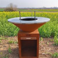 China Outdoor Weathered Corten Metal Fire Pit With Grill Table BBQ Charcoal Grill CE for sale