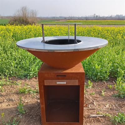 China Outdoor Weathered Corten Metal Fire Pit With Grill Table BBQ Charcoal Grill CE for sale