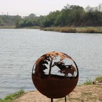 China Outdoor Sphere Corten Steel Fire Pit 80cm Stoves Packed In Wooden Box for sale