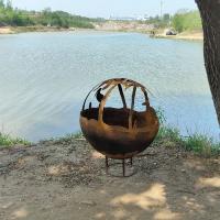 China Outdoor Sphere Corten Steel Fire Pit 80cm Stoves Packed In Wooden Box for sale