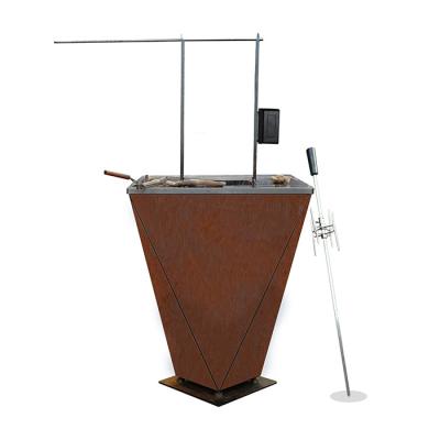China Europe Outdoor Removable Corten Steel BBQ Grill With Rotating Chicken Rack for sale