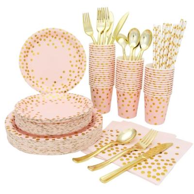 China Birthday wedding Supplies luxury rose  Golden Dot Disposable Party tableware of Paper Plates Cup Napkins  Knives Forks set for sale