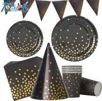 China Birthday wedding Supplies luxury rose  Golden Dot Disposable Party tableware of Paper Plates Cup Napkins  Knives Forks set for sale