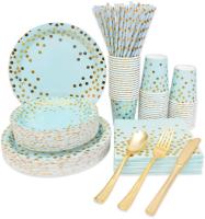 China Birthday wedding Supplies luxury rose  Golden Dot Disposable Party tableware of Paper Plates Cup Napkins  Knives Forks set for sale