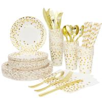 China Birthday wedding Supplies luxury rose  Golden Dot Disposable Party tableware of Paper Plates Cup Napkins  Knives Forks set for sale