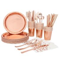 China Birthday wedding Supplies luxury rose  Golden Dot Disposable Party tableware of Paper Plates Cup Napkins  Knives Forks set for sale