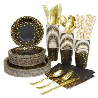 China Birthday wedding Supplies luxury rose  Golden Dot Disposable Party tableware of Paper Plates Cup Napkins  Knives Forks set for sale