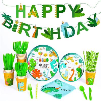 China hot sale type roar dinosaur party kids birthday party tableware set of party plates  cup napkins straw supplies for sale