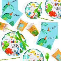China hot sale type roar dinosaur party kids birthday party tableware set of party plates  cup napkins straw supplies for sale