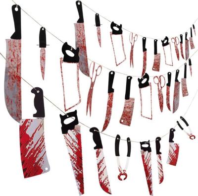 China 12 pieces of Halloween night club shopping malls KTV horror decoration PVC blood knife  trick props hanging  banner for sale