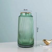 China Green Fluted Vase with Golden Metal Top Glass Vase Home Office Decorative Flower Holder for sale