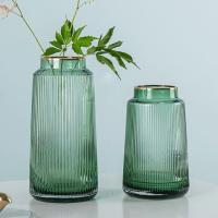 China Golden Metal Top Green Fluted Glass Vase Decor Modern Style Flower Holder For Home Office for sale