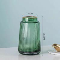 China Golden Metal Top Green Fluted Glass Vase Decor Modern Style Flower Holder For Home Office for sale