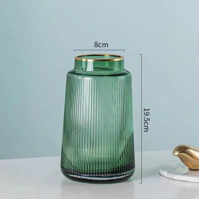 China Golden Metal Top Green Fluted Glass Vase Decor Modern Style Flower Holder For Home Office for sale