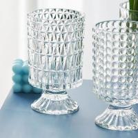 China Crystal Cylinder Glass Vases for Flowers Embossed Big Base Vase Decorative Clear Glass Candle Holder for sale