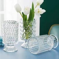 China Crystal Cylinder Glass Vases for Flowers Embossed Big Base Vase Decorative Clear Glass Candle Holder for sale
