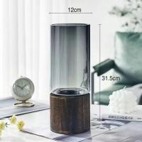 China Aesthetic Wood Glass Vase Wood Base Cylindrical Blossom Vessel Bedroom Kitchen Living Room Centerpieces Office Desk for sale