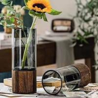 China Aesthetic Wood Glass Vase Wood Base Cylindrical Blossom Vessel Bedroom Kitchen Living Room Centerpieces Office Desk for sale
