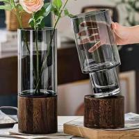 China Aesthetic Wood Glass Vase Wood Base Cylindrical Blossom Vessel Bedroom Kitchen Living Room Centerpieces Office Desk for sale