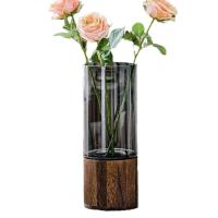 China Aesthetic Wood Glass Vase Wood Base Cylindrical Blossom Vessel Bedroom Kitchen Living Room Centerpieces Office Desk for sale
