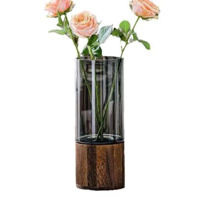 China Aesthetic Wood Glass Vase Wood Base Cylindrical Blossom Vessel Bedroom Kitchen Living Room Centerpieces Office Desk for sale