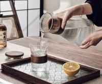 China Ribbed Glass Carafe With Wooden Lid For Water Beverage Daily Use Silicone Ring for sale