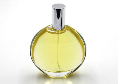 China 100ml Refillable Cosmetic Glass Bottles , Flat Round Empty Perfume Bottles for sale