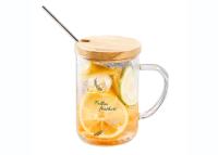 China Personalized Glass Coffee Mugs With Wooden Lid Heat Resistant Glass for sale