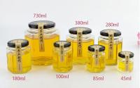 China Hexagonal Glass Honey Jars 45ml-730ml Food Container Lead Free Sealed Bottle for sale