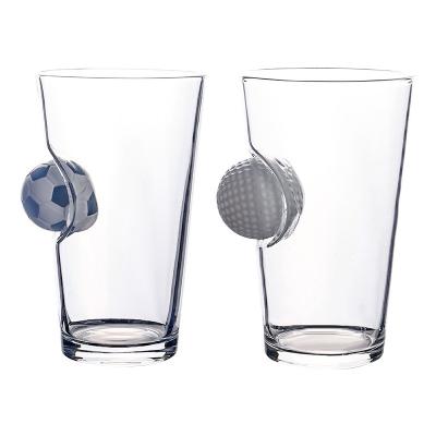China Unique Inlaid Football Personalized Glass Cup Custom Logo Glass Beer Mug for sale