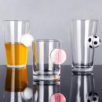 China Unique Inlaid Football Personalized Glass Cup Custom Logo Glass Beer Mug for sale