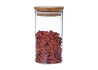 China Airtight Glass Food Storage Jars Round Shape Customized Logo With Screw Wood Lid for sale