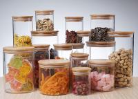 China Airtight Glass Food Storage Jars Round Shape Customized Logo With Screw Wood Lid for sale