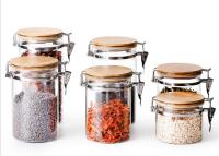 China Airtight Glass Food Storage Jars Round Shape Customized Logo With Screw Wood Lid for sale