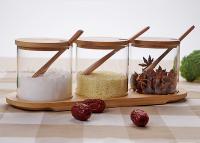 China Seasonings Transparent Glass Jars Flavor Bottle Set With Wooden Spoon Tray for sale